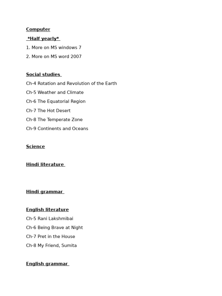 5th Syllabus Half Yearly | PDF