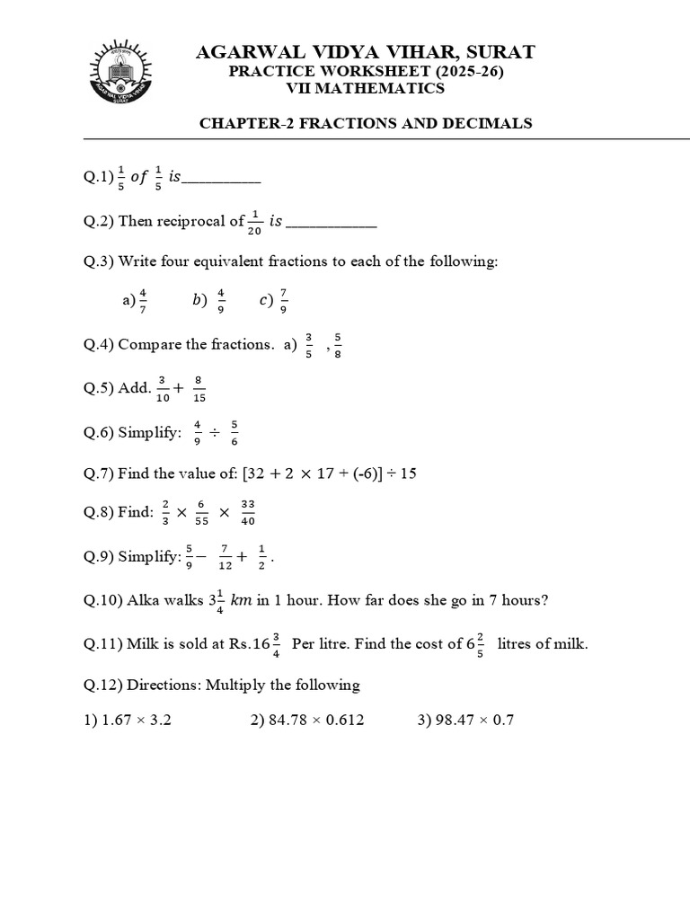 2 Fractions and Decimals Worksheet | PDF | Numbers | Division (Mathematics)