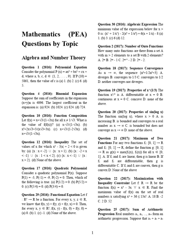 PEA Questions by Topic | PDF | Vector Space | Summation