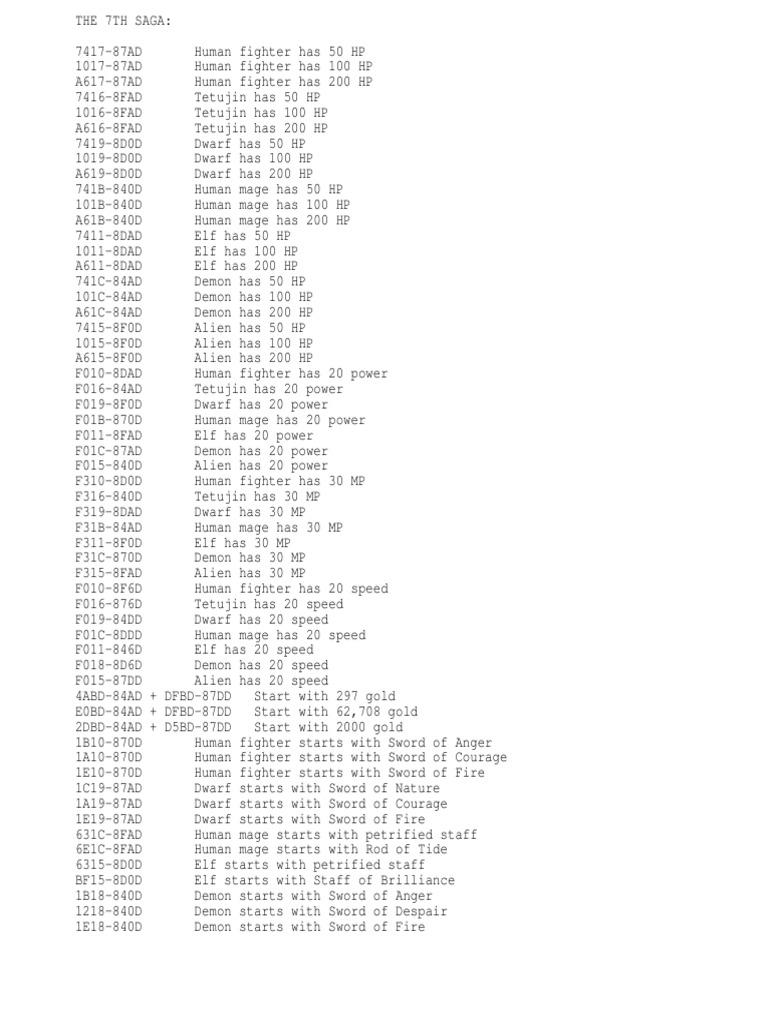SNES Game Genie Codes | PDF