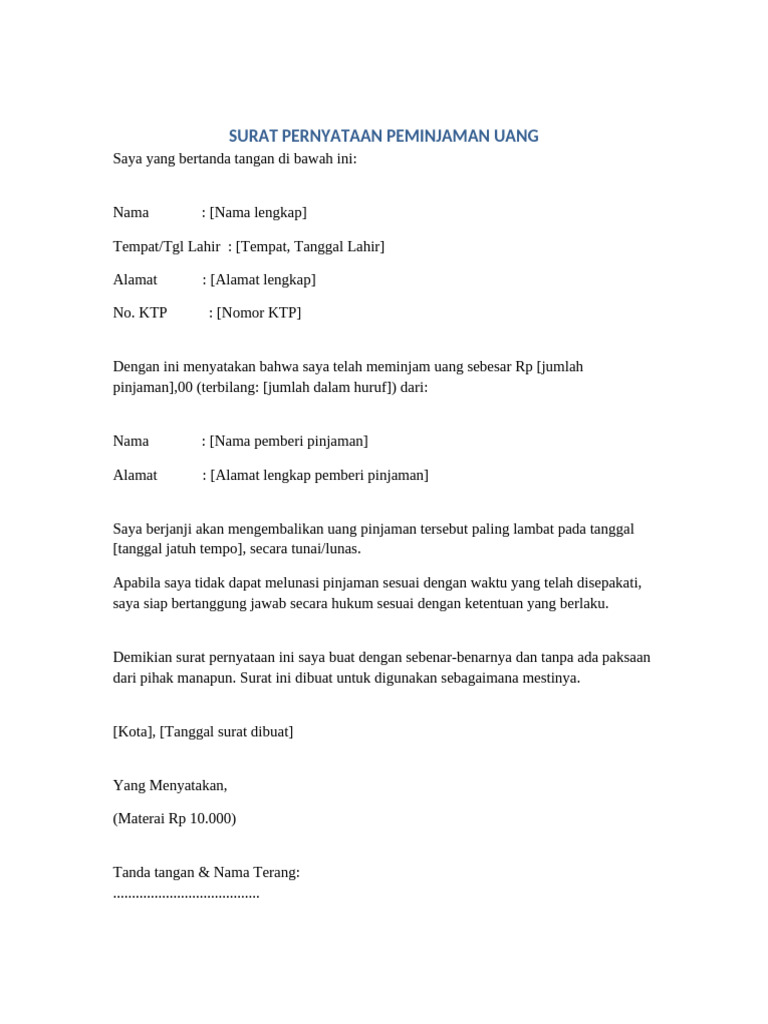 Surat Pernyataan Peminjaman Uang | PDF