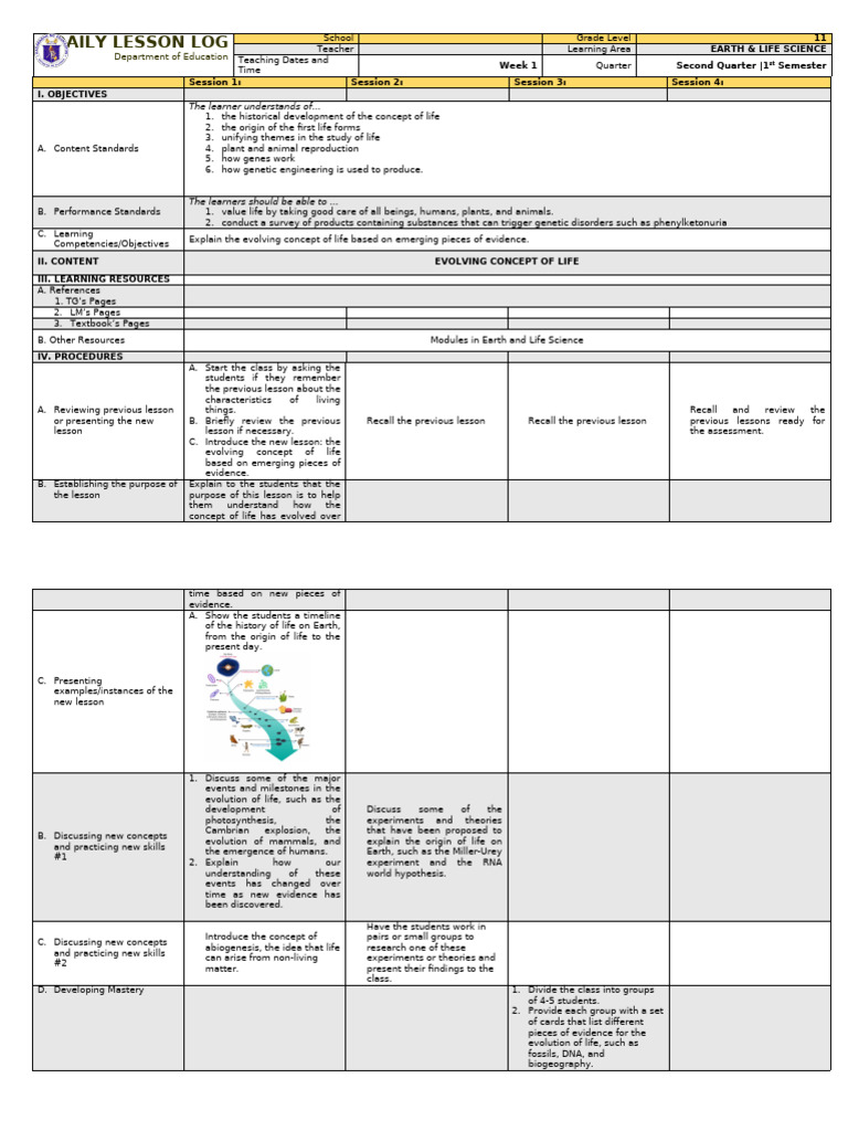 DLL Els Quarter 2 Week 1-Evolving Concept of Life | PDF | Learning | Abiogenesis