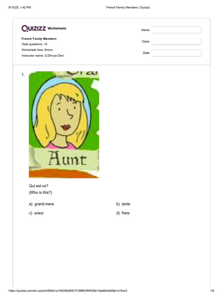 French Family Members Quiz Worksheet | PDF | Chess Theory | Chess Openings