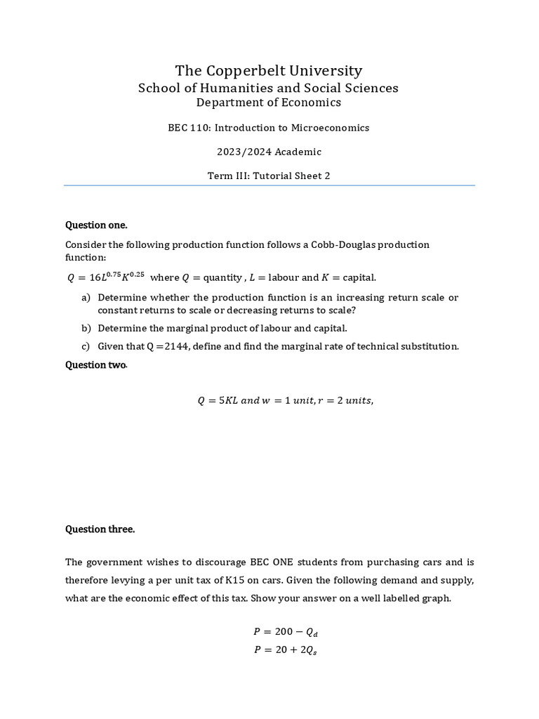 Bec 110 Term III Tutorial Sheet 2 | PDF