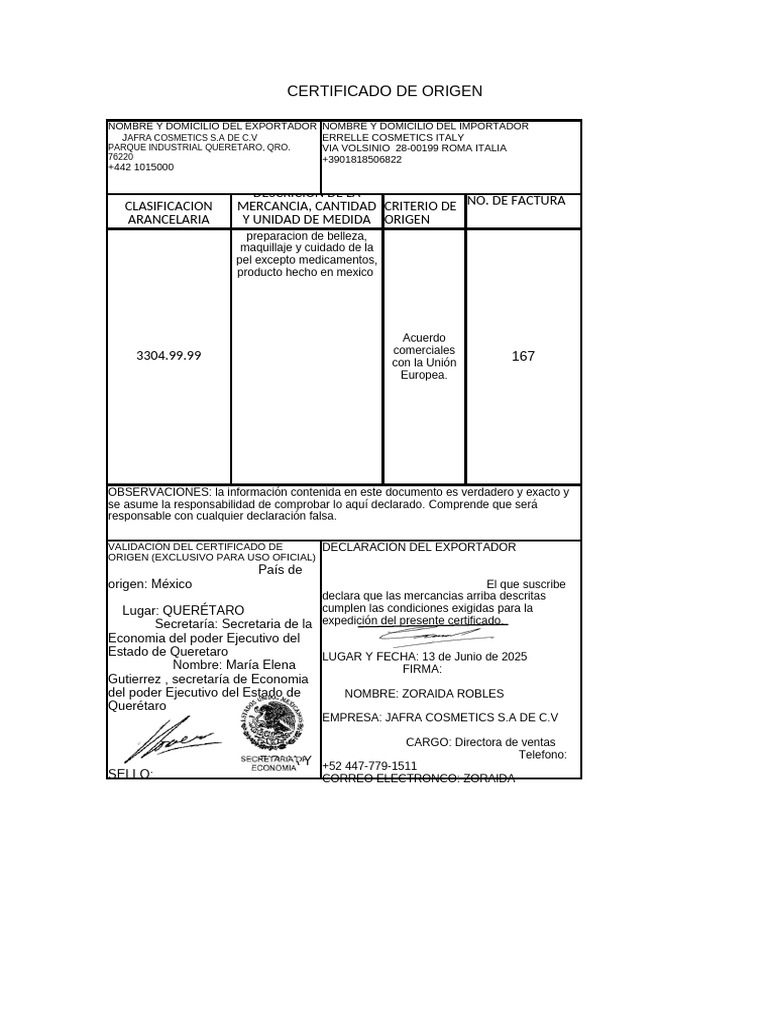 Certificado de Origen, Jafra | PDF