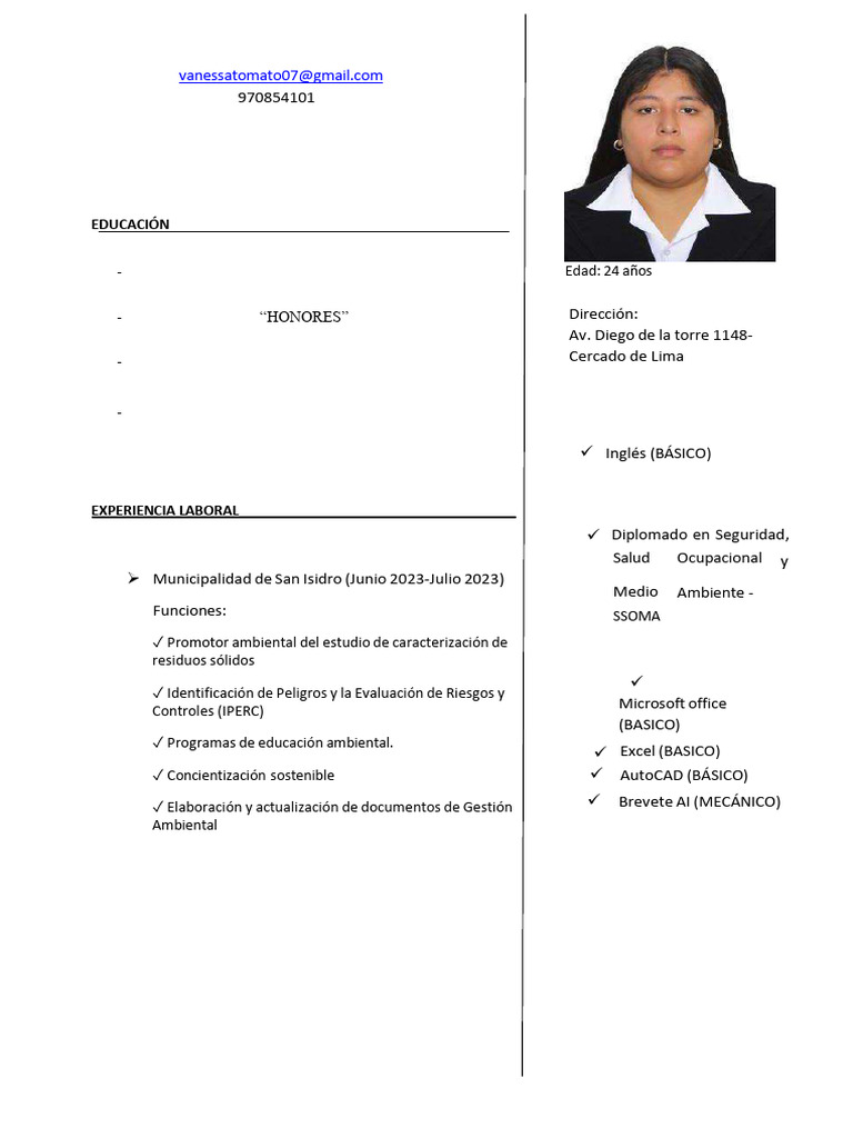 CV - Vanessa Isabel Tomasto Ninaquispe | PDF