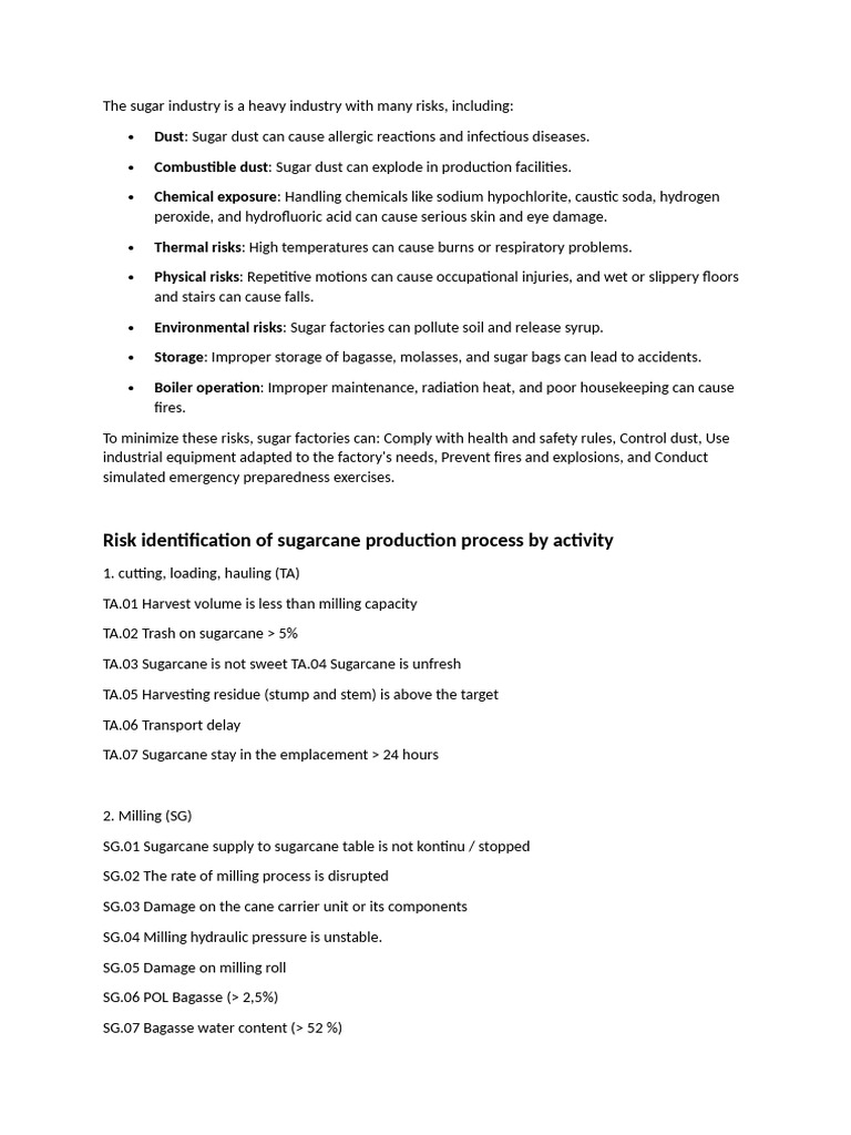 Sugar Industry Risk Assessment Guide | PDF | Sugarcane | Sugar