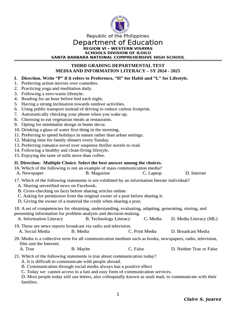 Media and Information Literacy Test | PDF | Nonverbal Communication | Mail