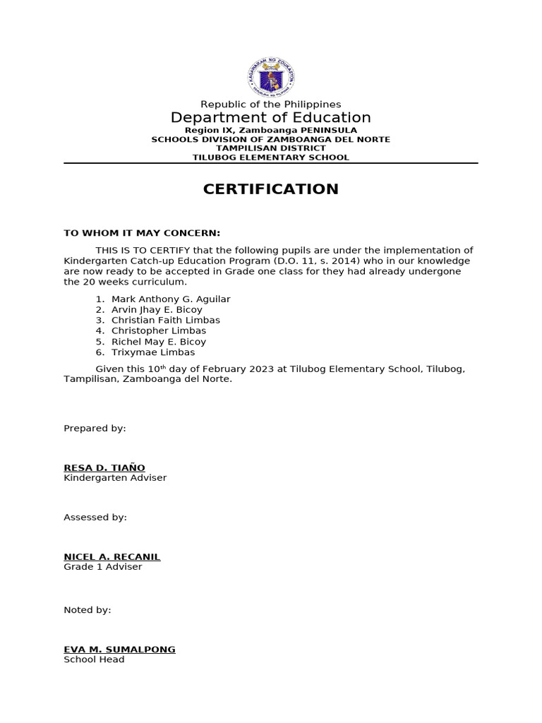 Kindergarten Catch-up Program Certification | PDF