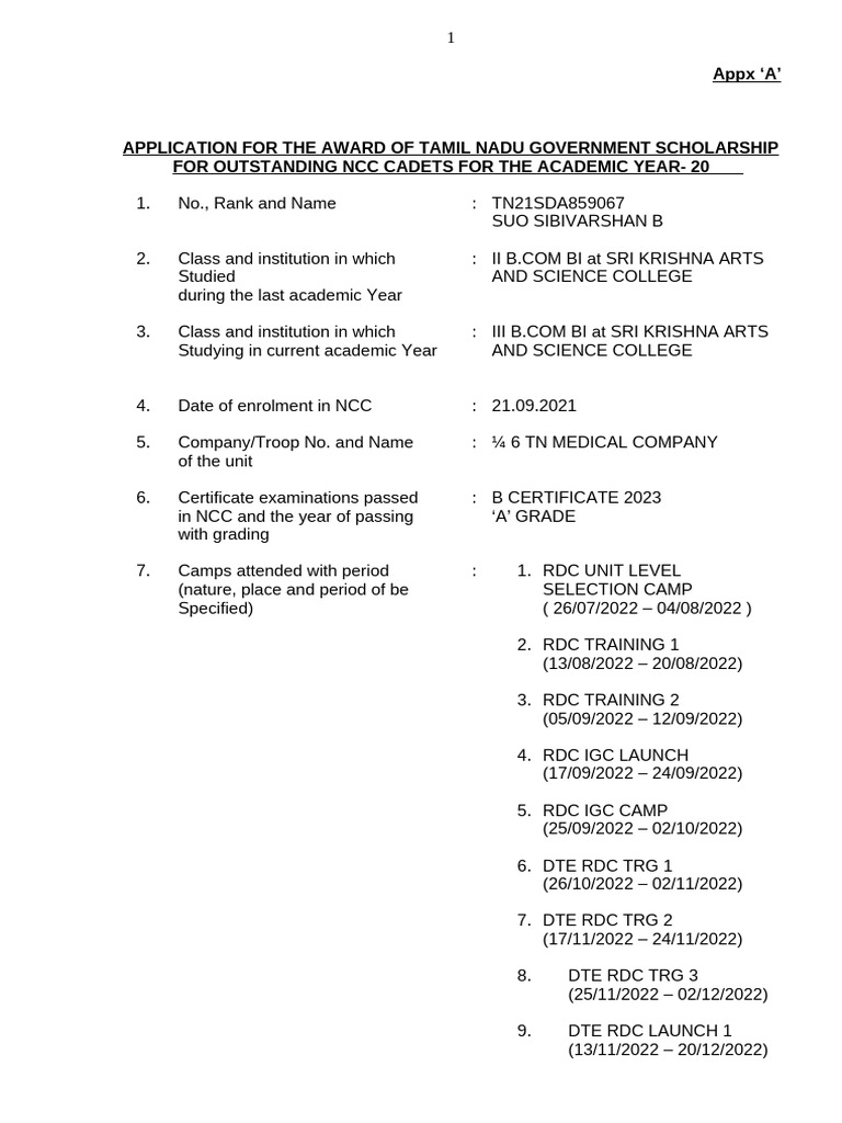 Appx 'A' Tamil Nadu Govt Sholarship FORM | PDF | Military Life | Military Education And Training