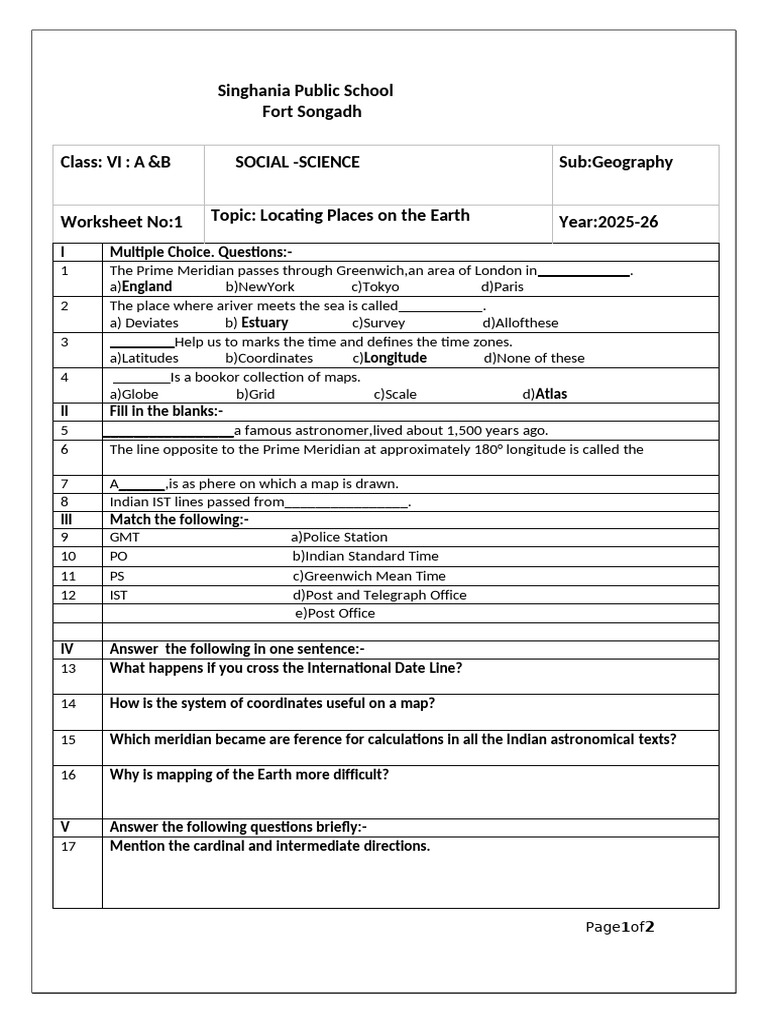 Class 6 Geography: Locating Places Worksheet | PDF | Longitude | Geography