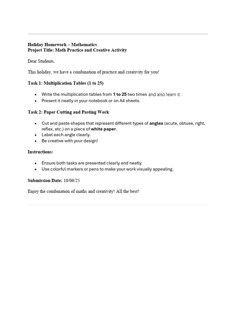 Holiday Homework Class 6th | PDF