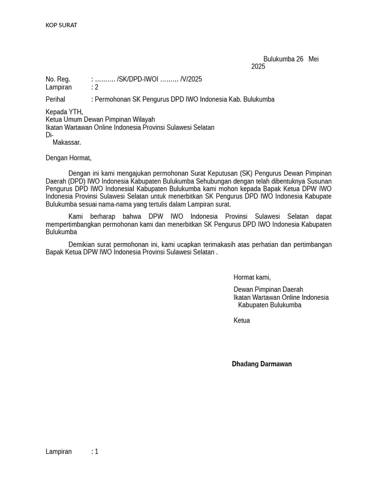 CONTOH SURAT PERMOHONAN SK PENGURUS DPD IWOI BLKB | PDF