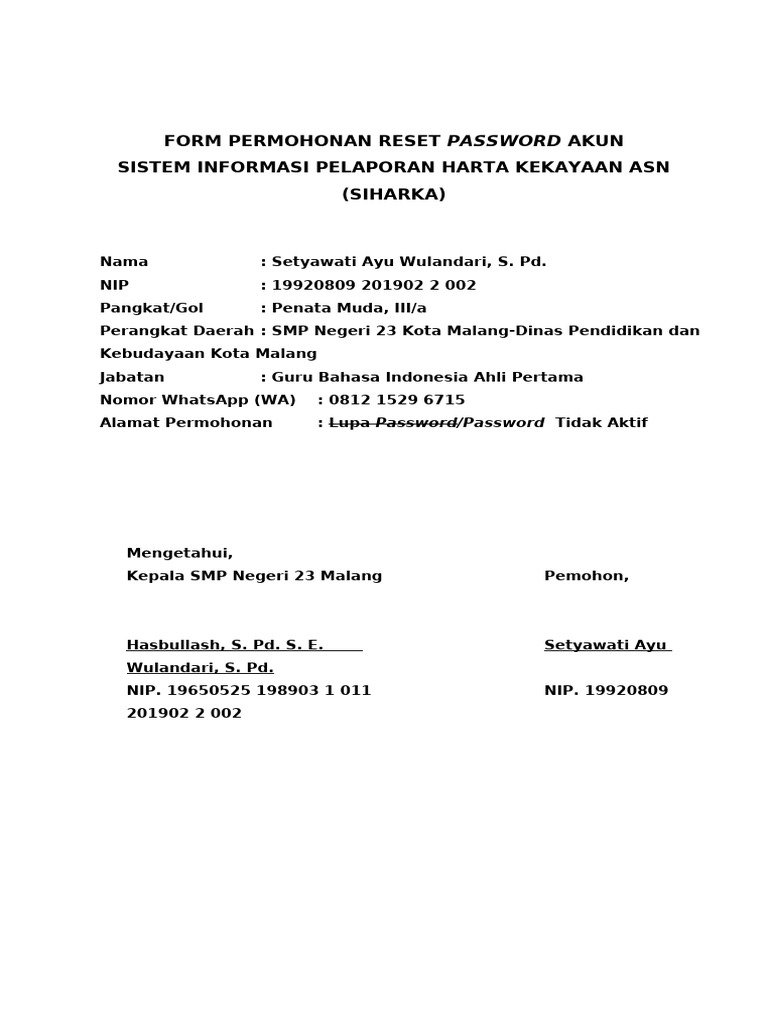 Formulir Reset Password SIHARKA ASN | PDF