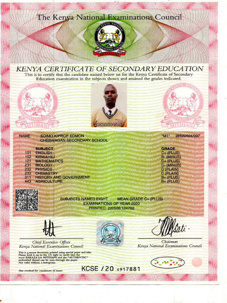 Edmon Kiprop KCSE Certificate | PDF