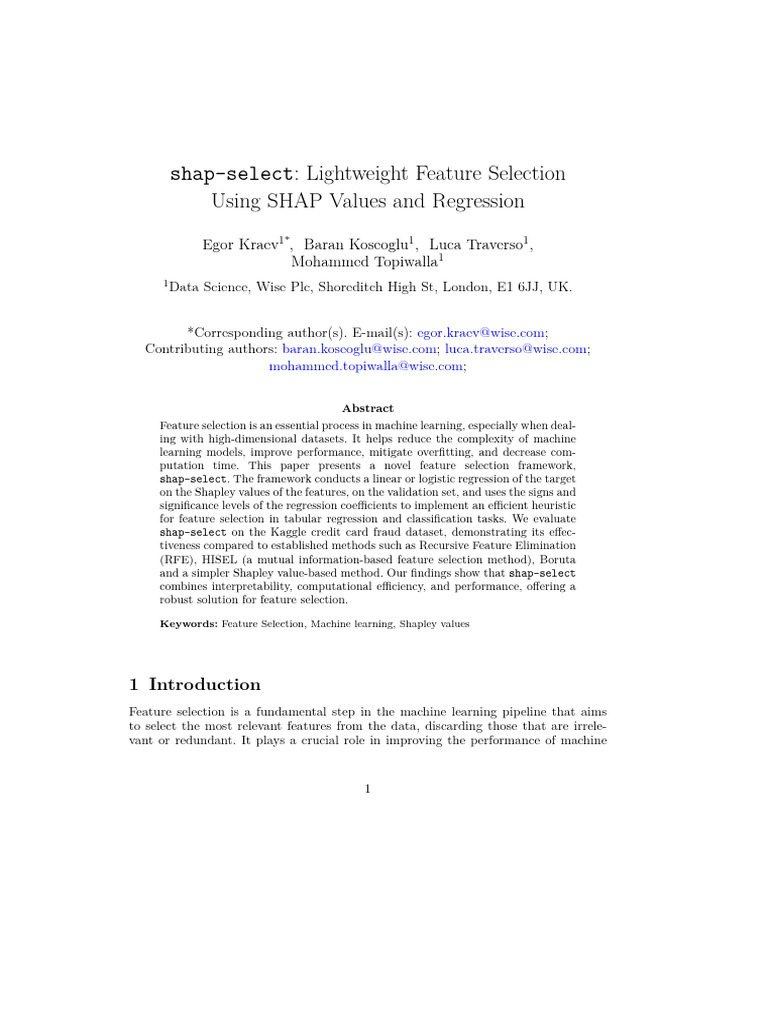 Shap-Select:: Lightweight Feature Selection Using SHAP Values and Regression | PDF | Regression ...