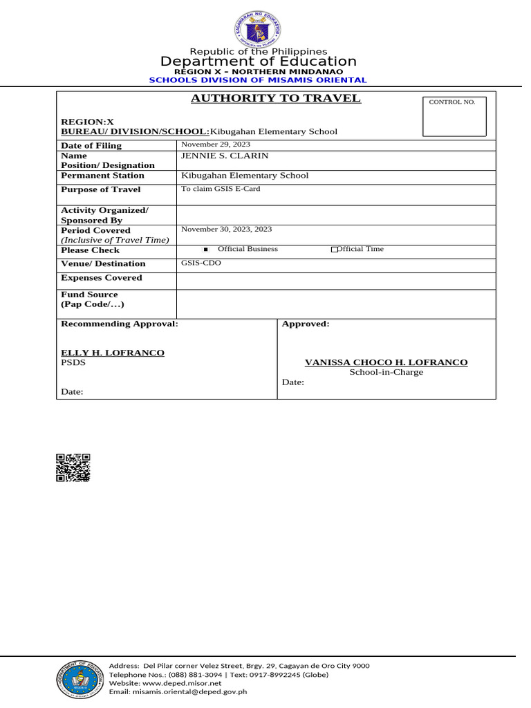 Authority to Travel: Kibugahan Elementary | PDF