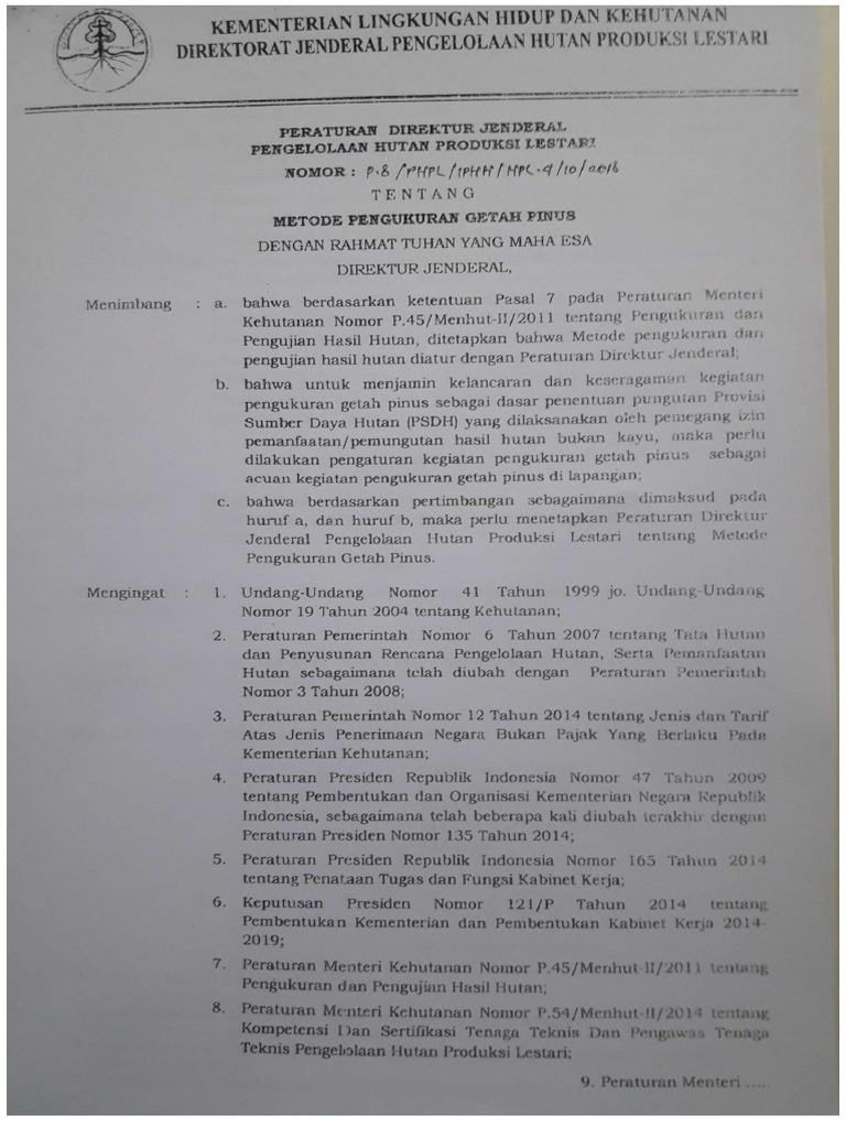Perdirjen PHPL No 8 Tahun 2018 Metode Pengukuran Getah Pinus | PDF