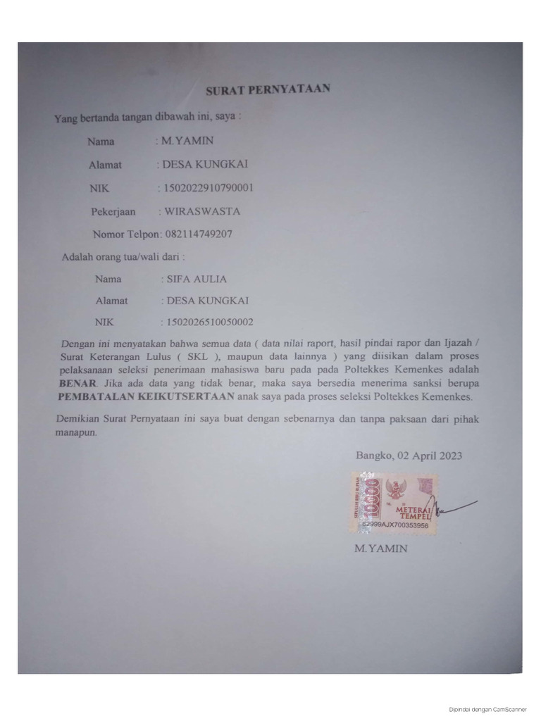 Surat Pernyataan Rapor - Sifa Aulia | PDF