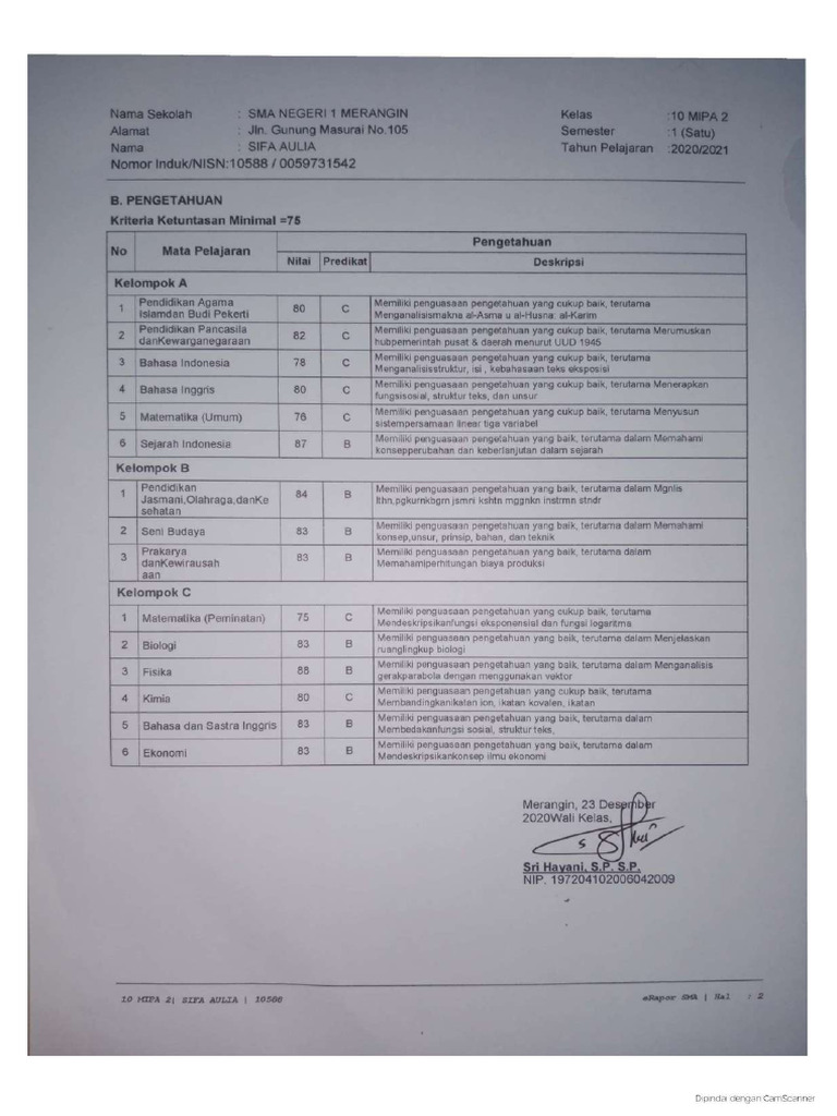 Rapor Kelas 10 Sem I - Sifa Aulia | PDF