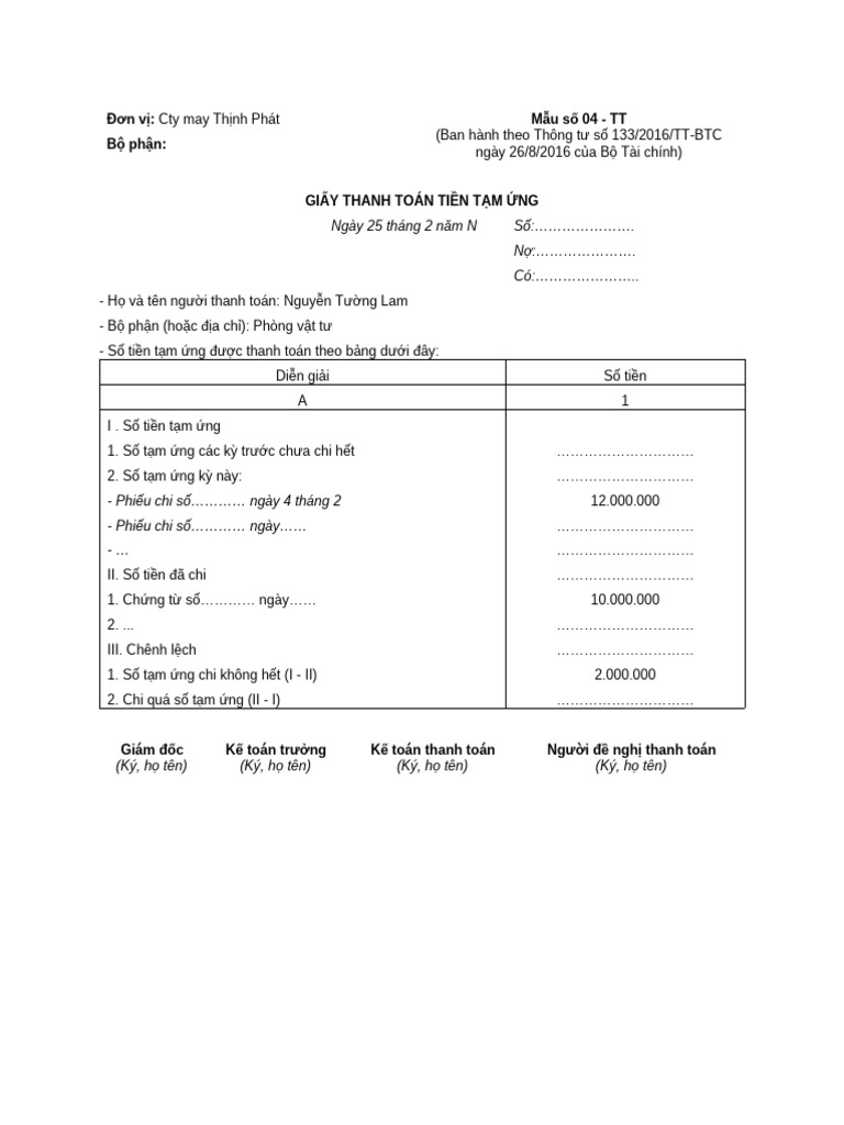 Bt12-NV5 Giấy Thanh Toán Tạm Ứng | PDF
