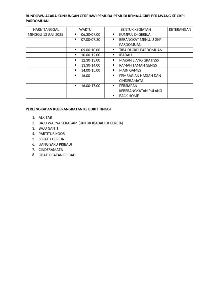 Rundown Acara Kunjungan Gkpi Perawang Ke Gkpi 49 | PDF