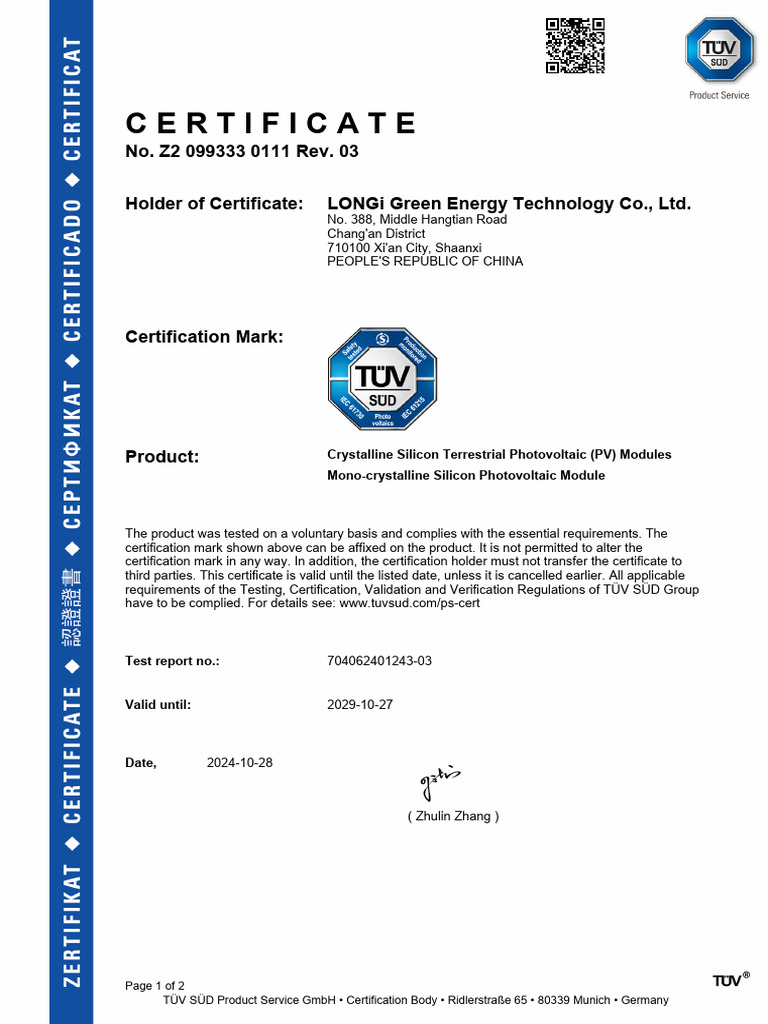 22-LR7 54HVH HI-MOX10 TUV SUD Certificate Single Glass | PDF | Photovoltaics | Electricity