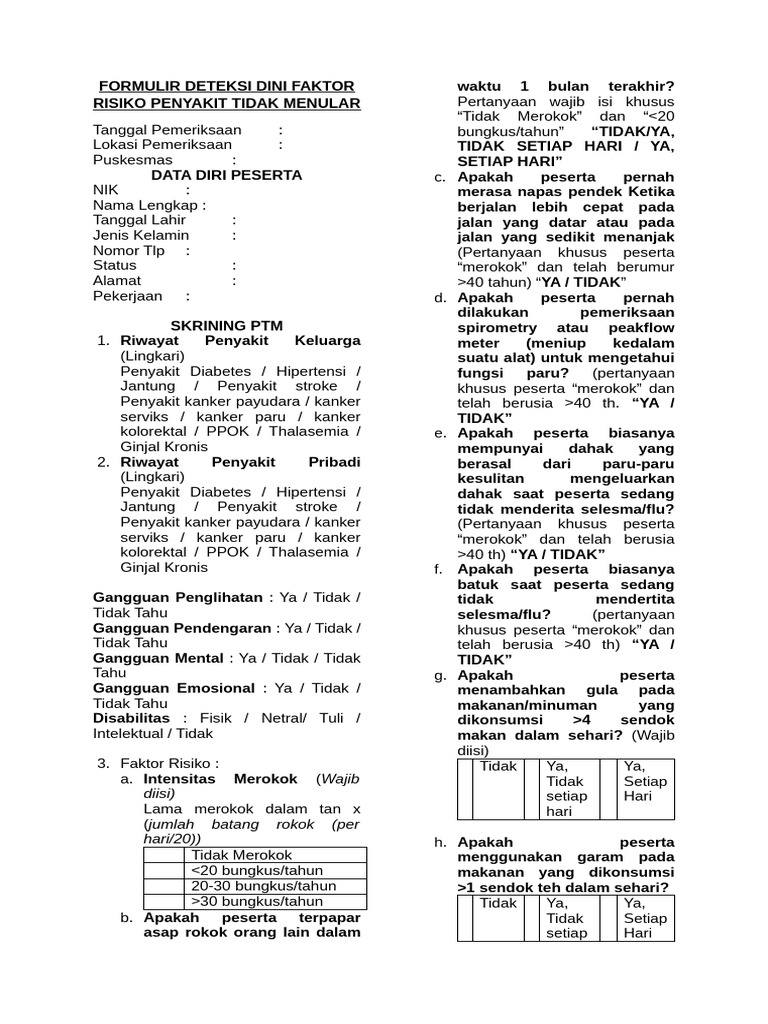 Formulir Deteksi Dini Faktor Risiko Penyakit Tidak Menular | PDF