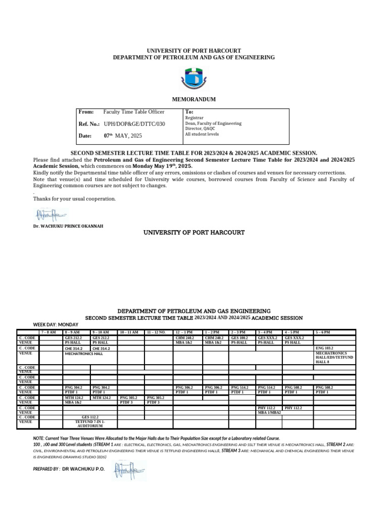 Petroleum and Gas Second Semester Lecture Timetable 2025 | PDF ...