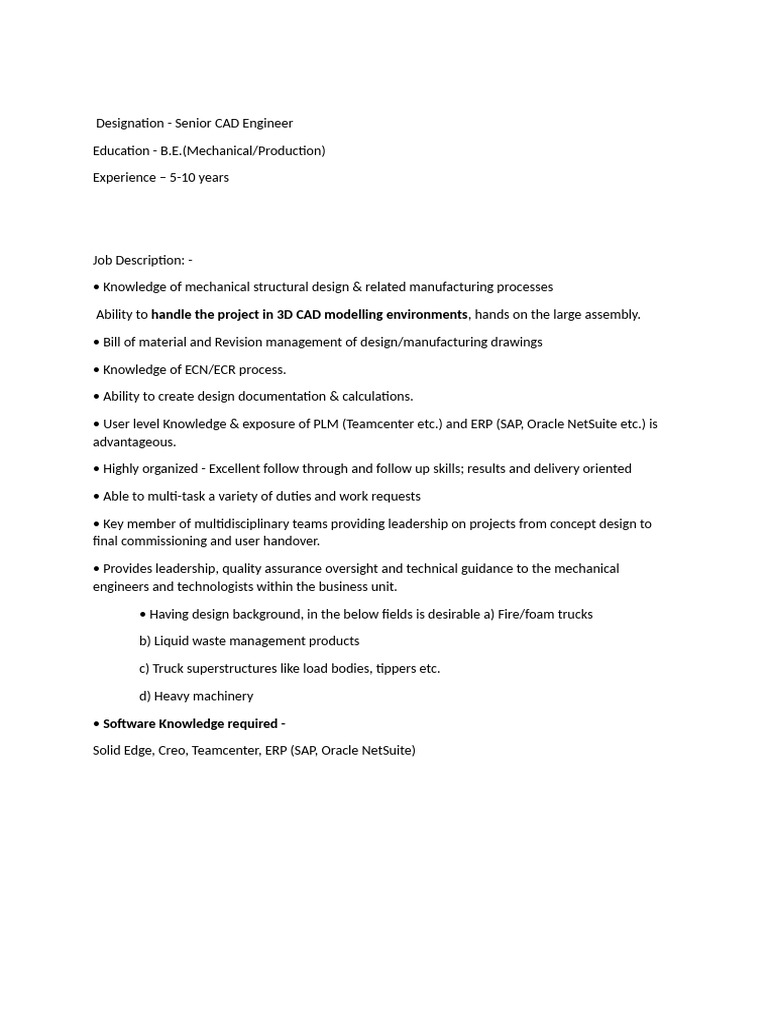 Senior CAD Engineer Job Description | PDF