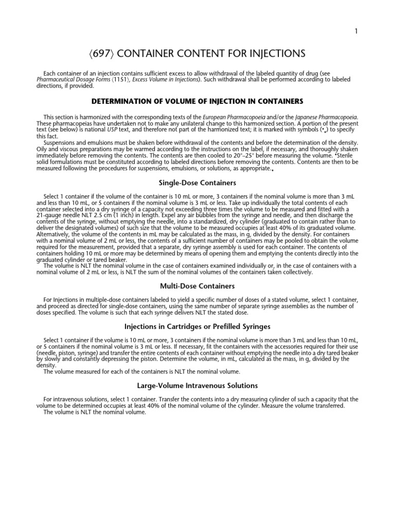 〈697〉 Container Content for Injections | PDF | Syringe | Volume