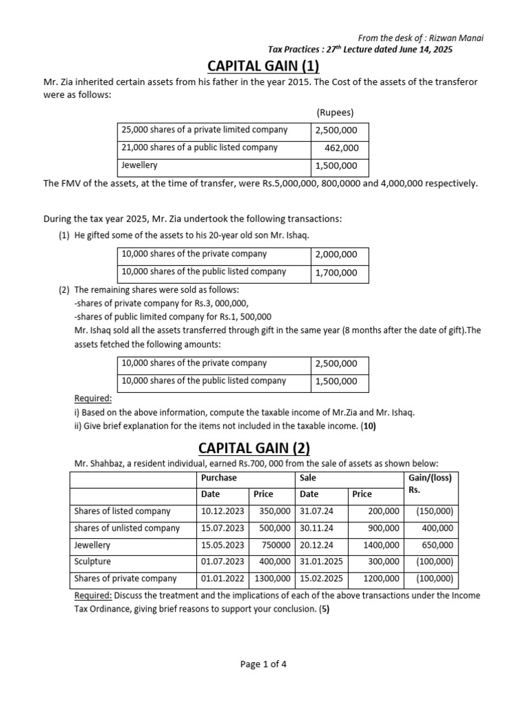 27.taxation of Capitalgains - Questions (1-10) - 14.6.2025 | PDF ...