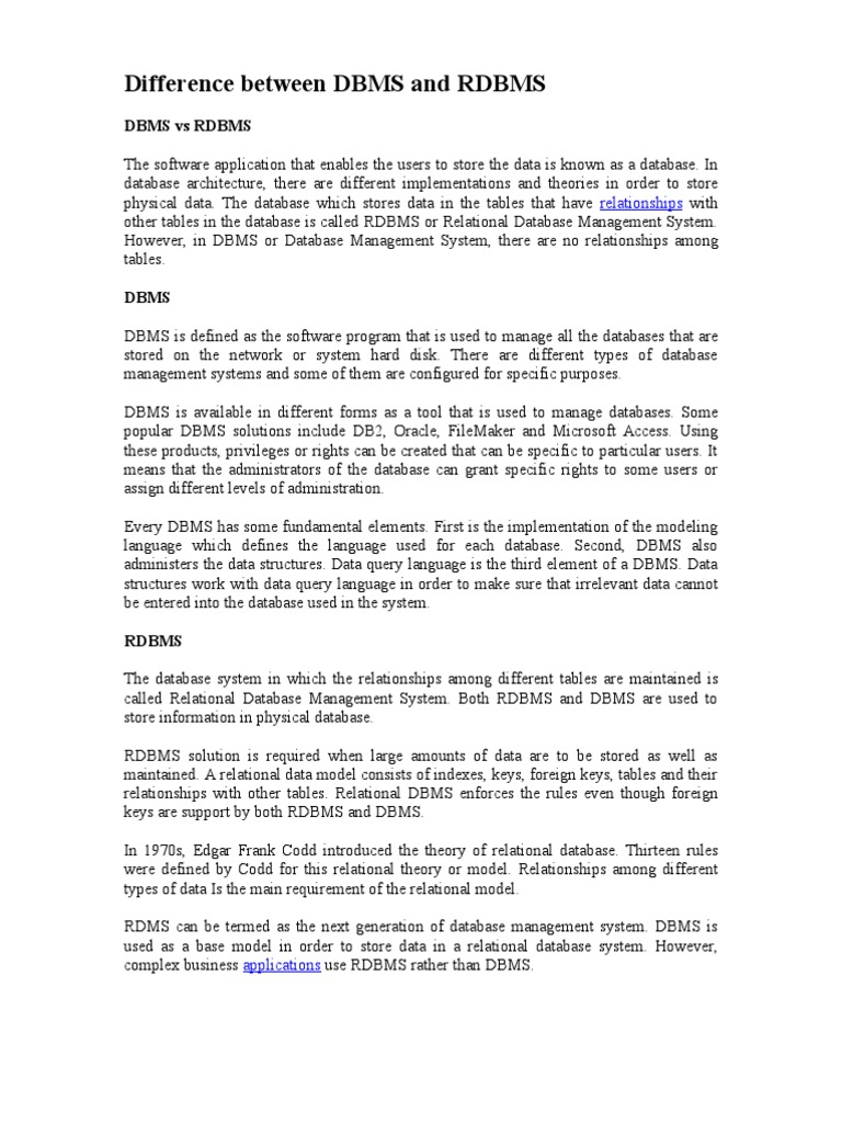 Difference Between Dbms And Rdbms Pdf Relational Database Databases