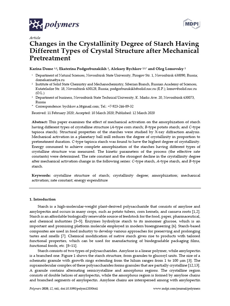 Changes in The Crystallinity Degree of Starch Havi | PDF | Starch | Physical Sciences