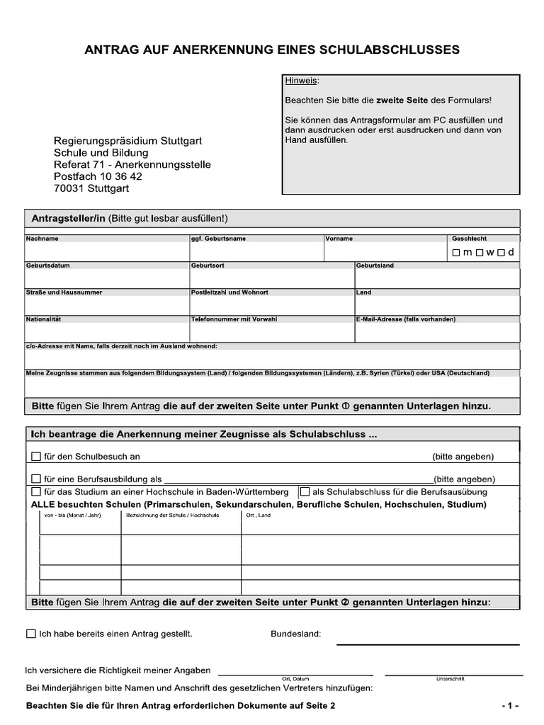 Antrag Auf Anerkennung Eines Schulabschlusses | PDF