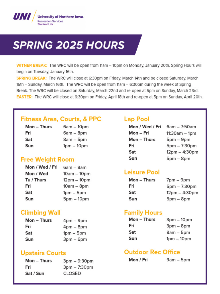 WRC Spring 2025 Hours and Break Schedule | PDF
