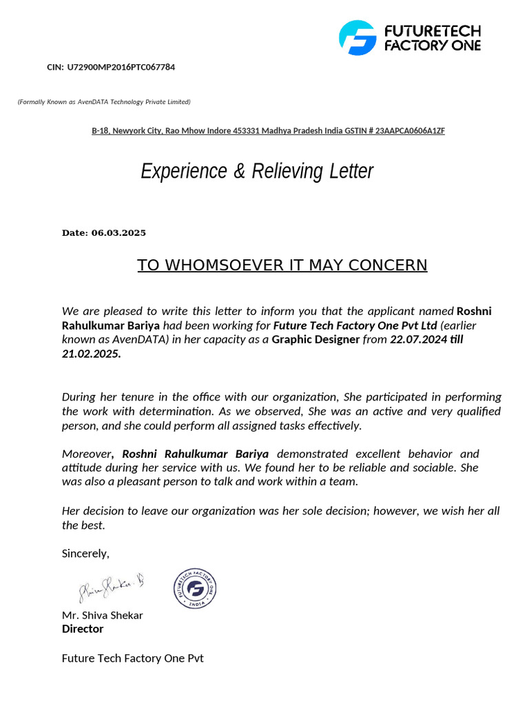 Roshni Rahulkumar Bariya-Experience and Relieving Letter | PDF