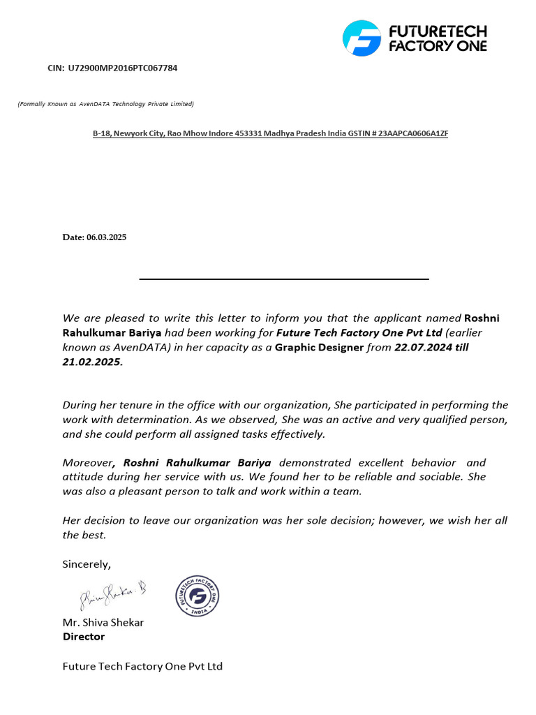 Roshni Rahulkumar Bariya-Experience and Relieving Letter | PDF