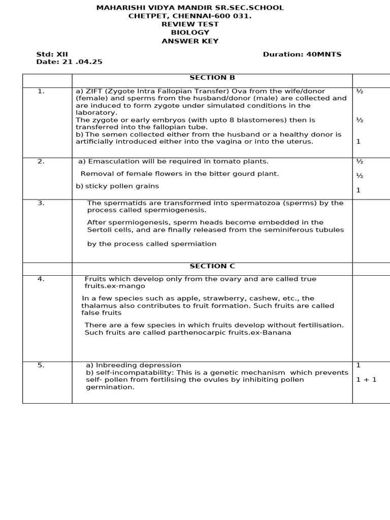 Answer Key Review Test | PDF | Reproduction | Biological Interactions