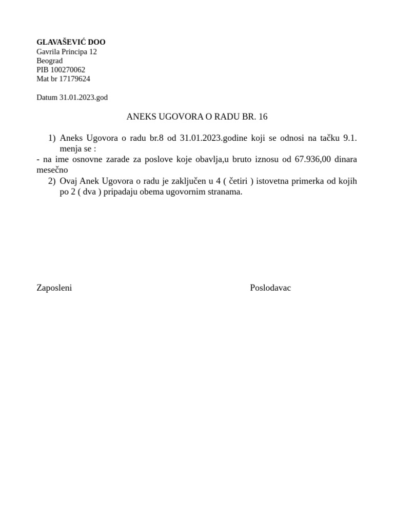 Aneks Ugovora o Radu 2023 | PDF