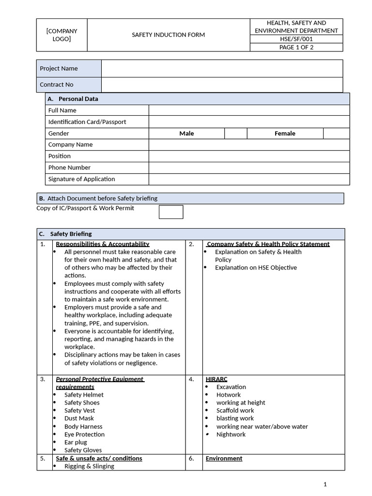 Safety Induction Checklist Form | PDF | Personal Protective Equipment ...