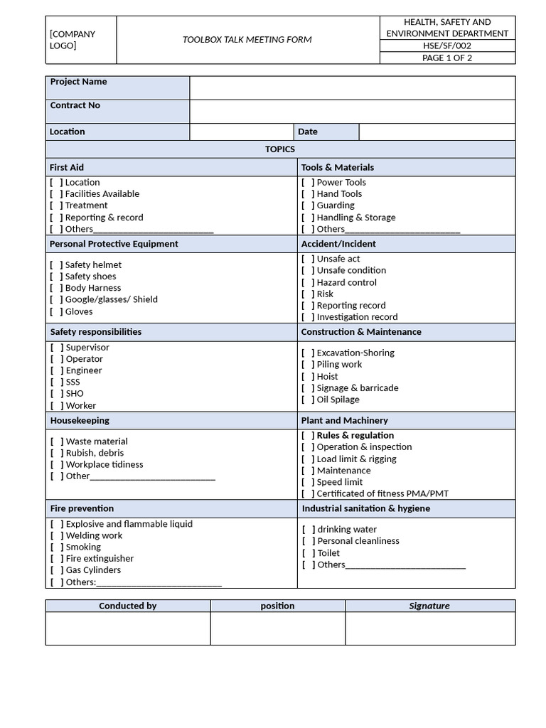 002 Toolbox Talk Form | PDF | Occupational Safety And Health | Safety