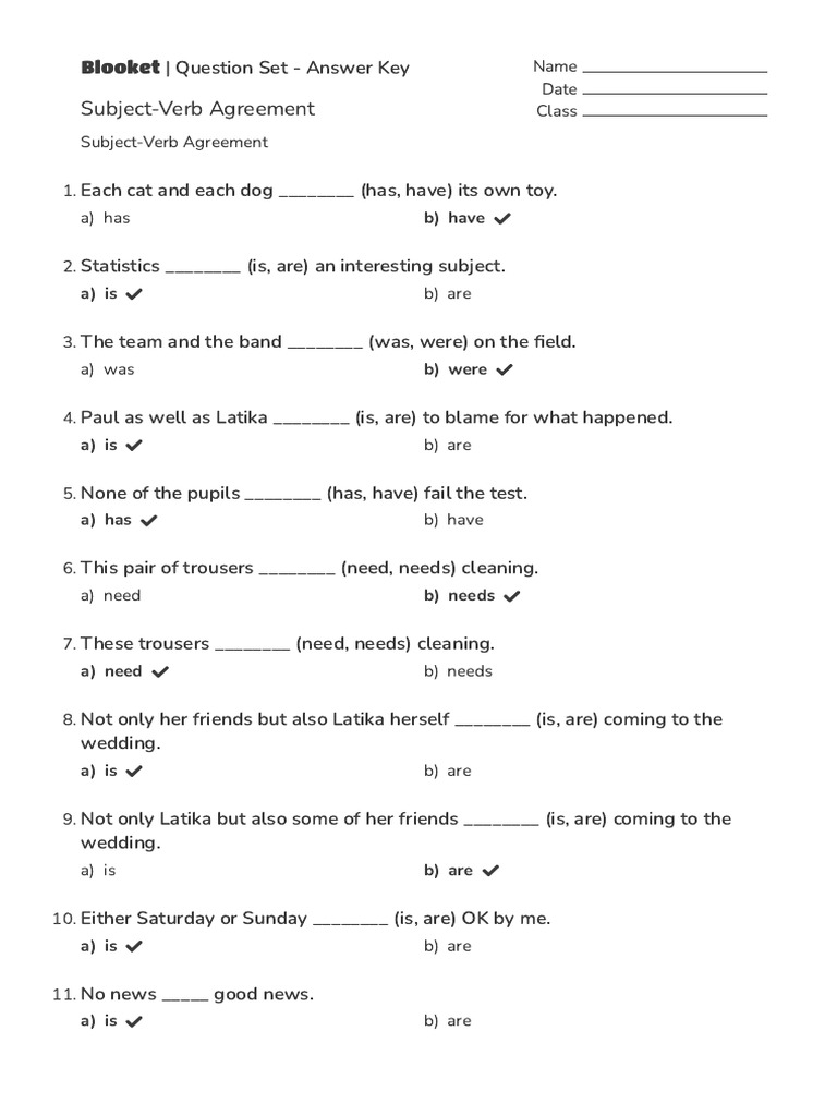 Subject-Verb Agreement Quiz Answer Key | PDF | Chess Openings | Chess