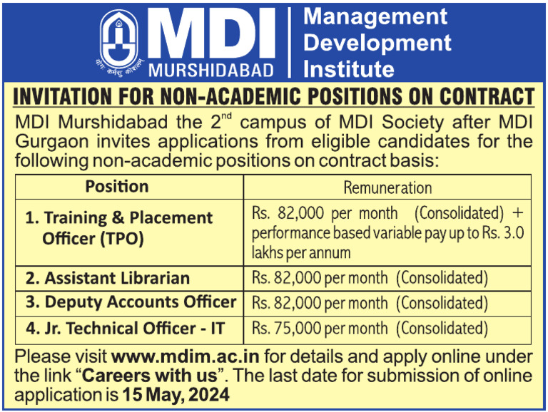Newspaper Advt 2024 MDI Murshidabad | PDF