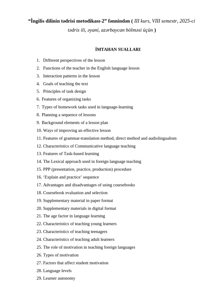 Metodika 2 Imtahan Sualları III Kurs - 2025 | PDF | Learning | Cognition