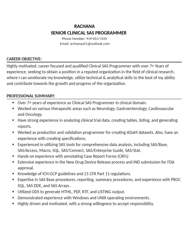 Clinical SAS Programmer Profile | PDF | Sas (Software) | Clinical Trial