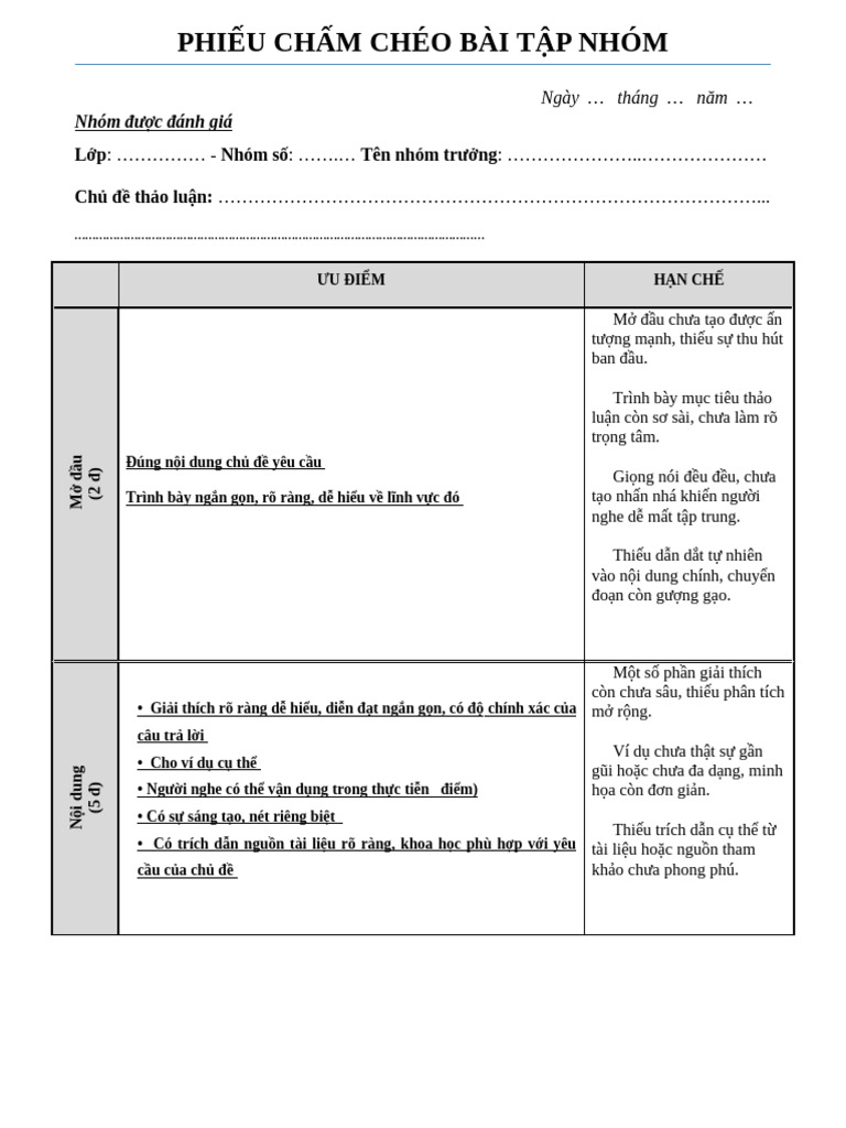 Phieu Cham Cheo Bai Tap Thuyet Trinh-2025 | PDF