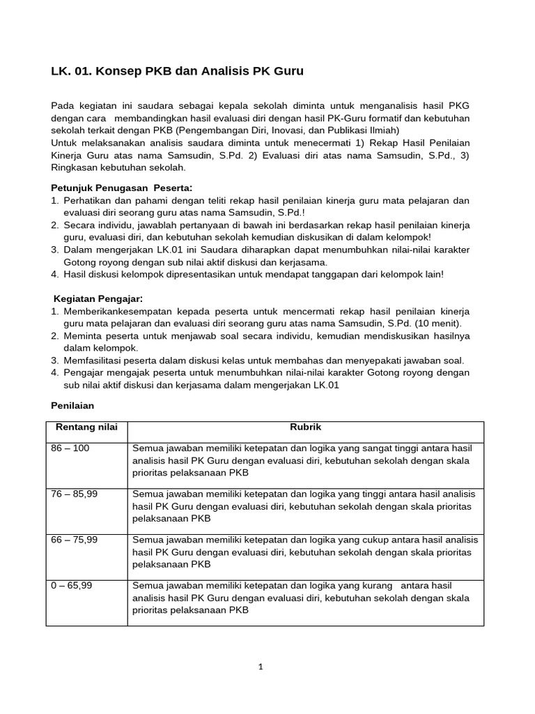 LK. 01 Konsep PKB & Analisis Hasil PKG (Hj. Sudarmin Nio) | PDF