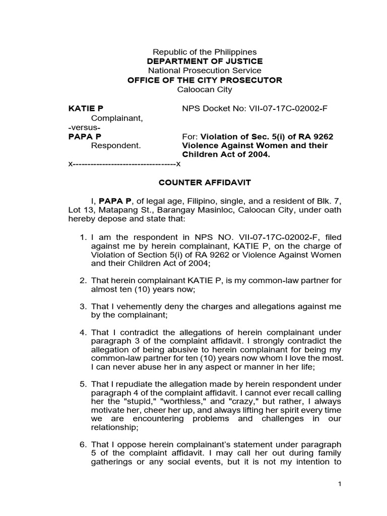 Counter Affidavit (Sample) | PDF | Affidavit | Public Law