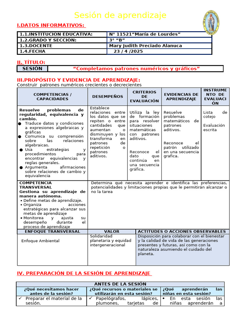 S.A. 3 Patrones Numericos y Gráficos | PDF | Aprendizaje | Maestros